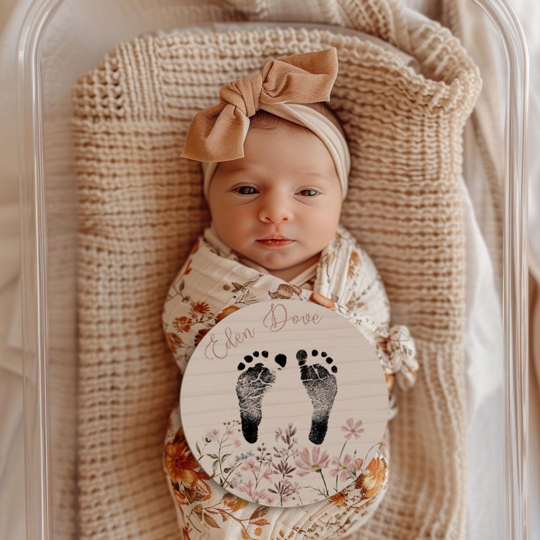 Baby Foot Print Sign, Footprint Name Sign, Wildflowers Nursery, Birth ...