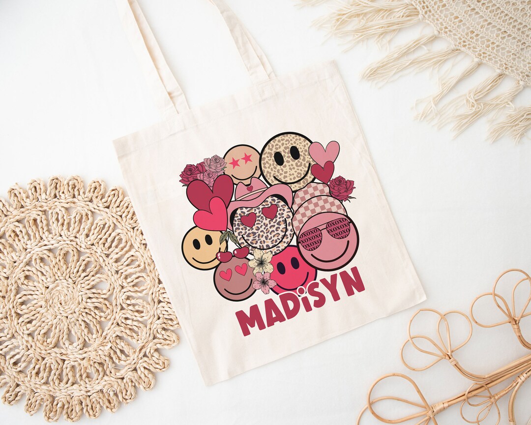 Personalized Smile Tote Bag for Valentines Day, Custom Canvas Heart Bag ...