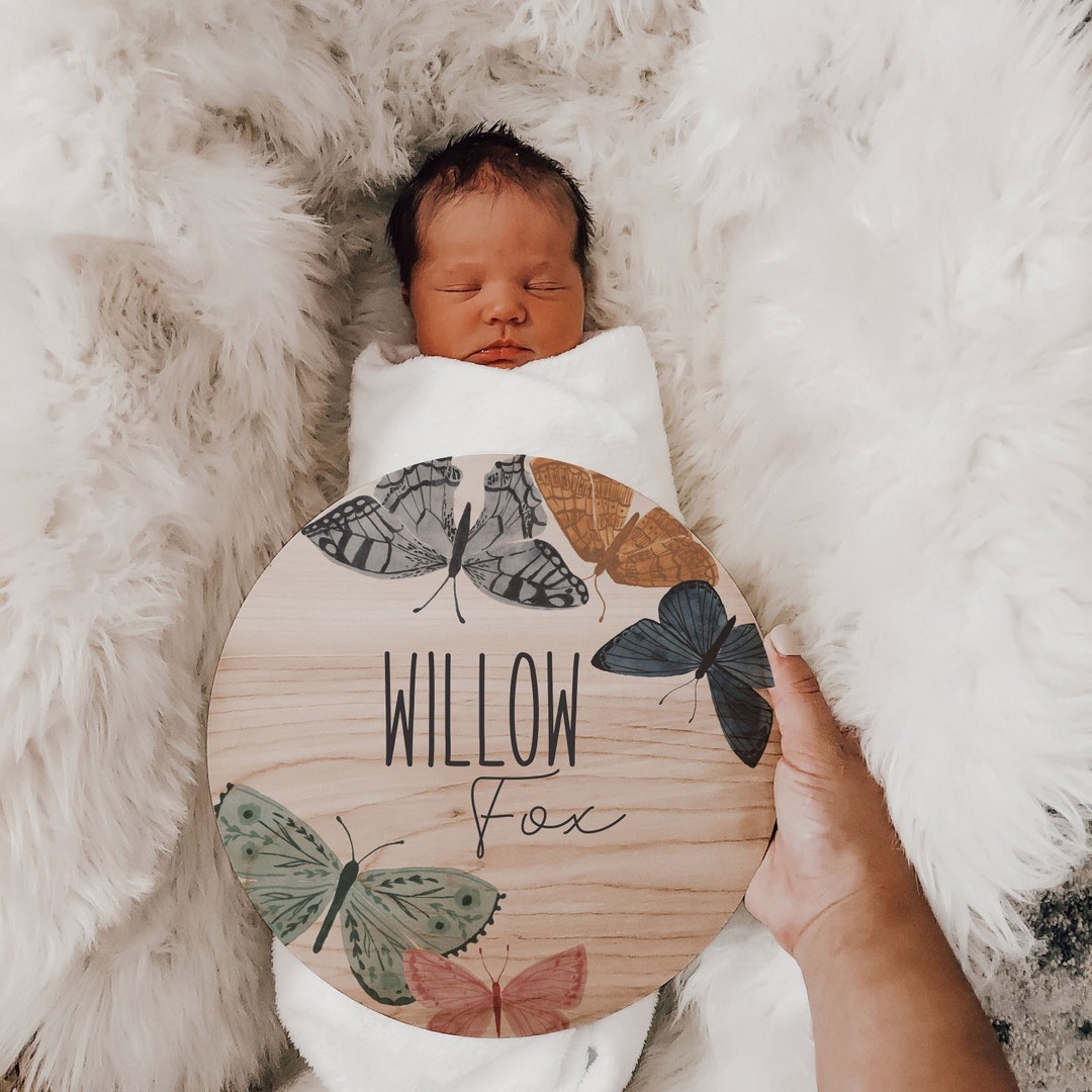 Butterflies Wooden Baby Name Announcement Sign for Girl Boho Birth ...