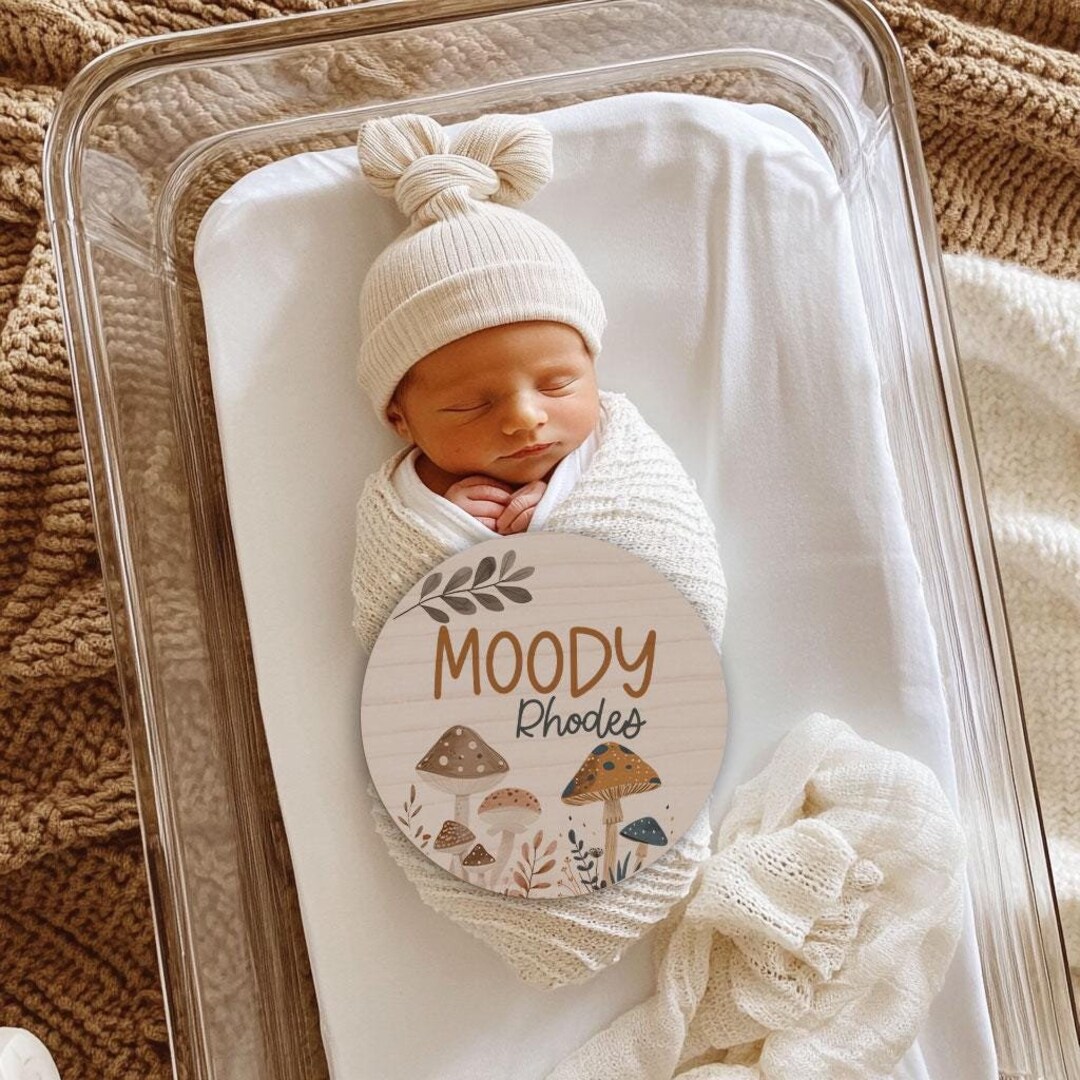 Wooden Baby Name Announcement Sign for Hospital, Mushroom Nursery Birth ...