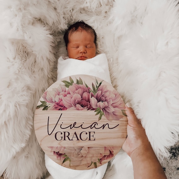 Peony Baby Name Announcement Sign Wood Sign Newborn - Etsy