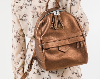 Golden Leather Backpack Women's Rucksack for School Urban | Etsy