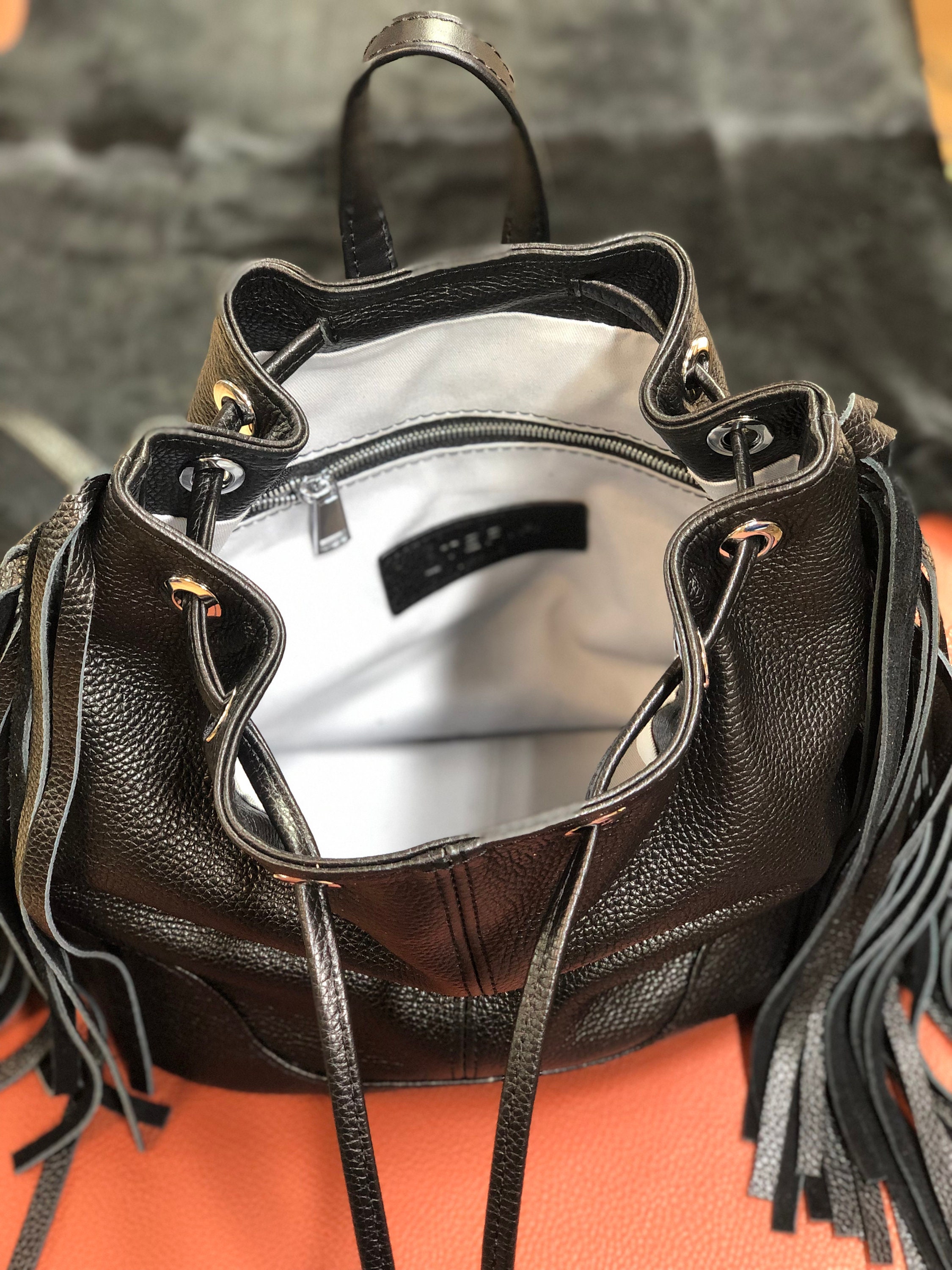 Black leather backpack with fringe tassel women laptop | Etsy