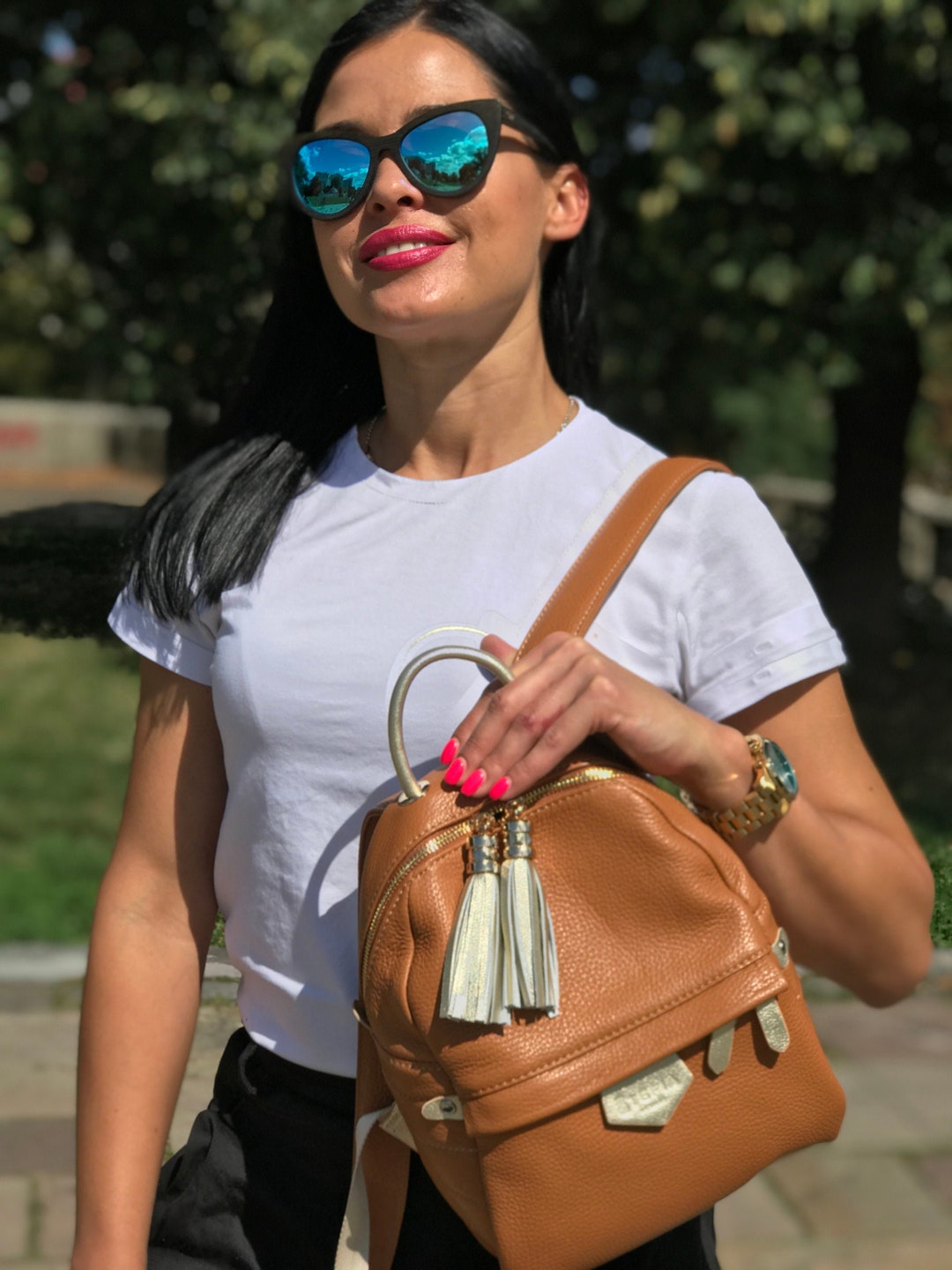 Brown Leather Backpack, Small Leather Backpack, Women Bag for Tablet ...