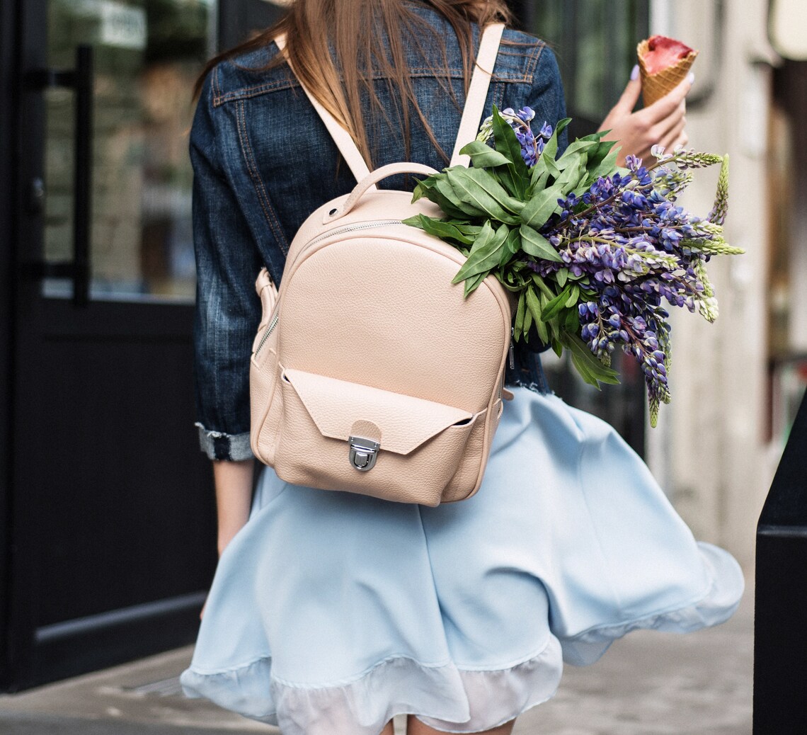 Women City Backpack, Light Pink Mini Backpack, Genuine Leather Summer ...
