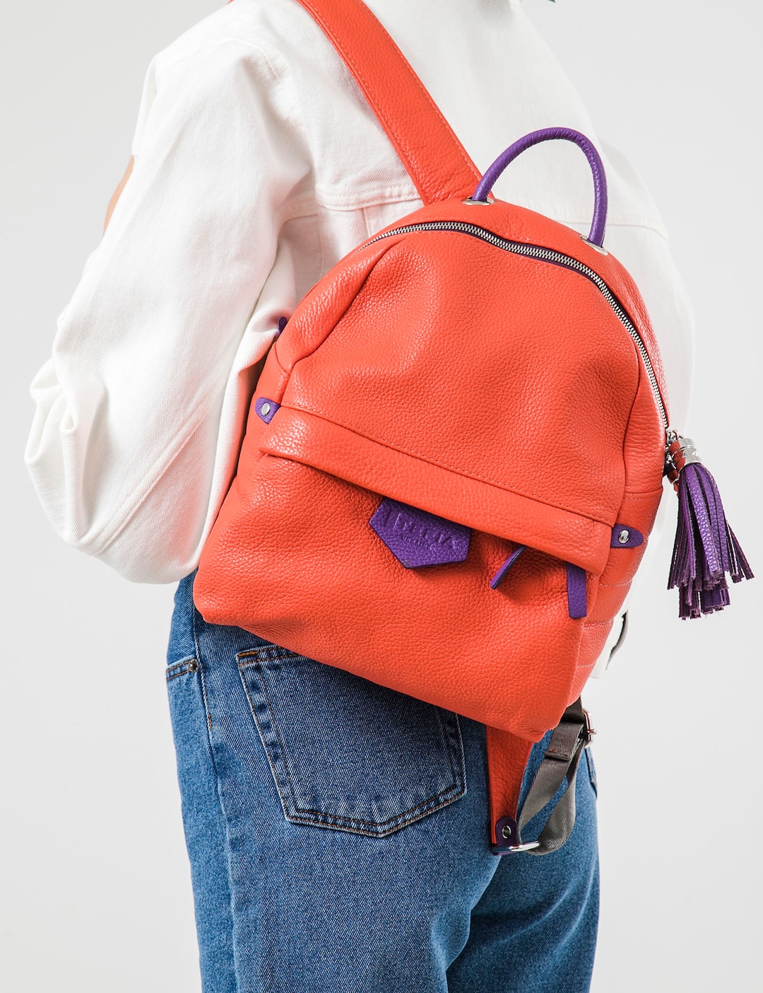 Orange Leather Backpack, Leather Backpack Women, School Travel Backpack ...