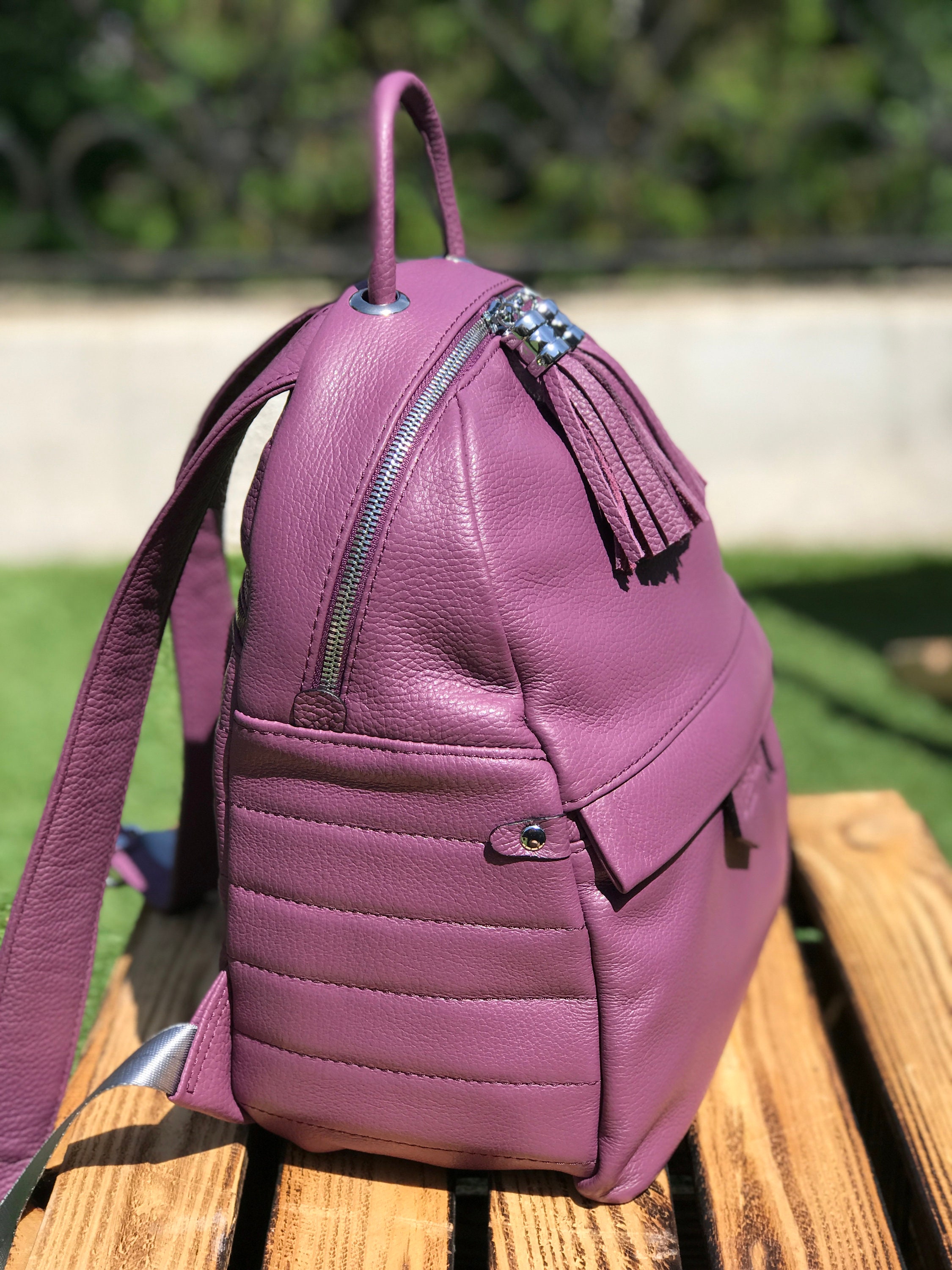 Purple Leather Backpack Soft Leather Rucksack Small Travel | Etsy