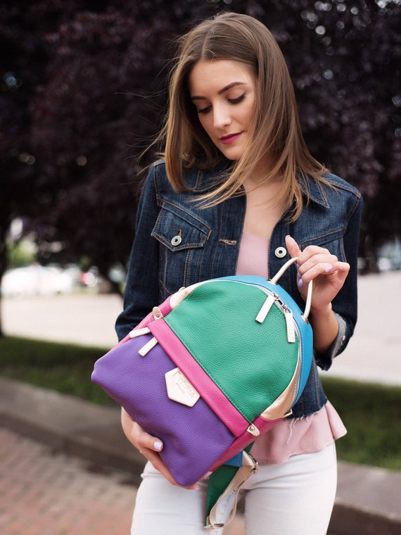 AESTHETIC BACKPACK LEATHER Backpack-Rainbow Colorful Casual | Etsy