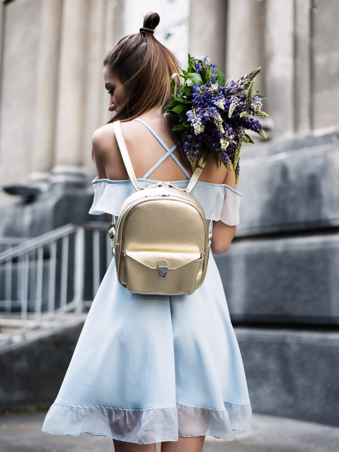 Golden Leather Backpack, Mini Fashionable Bag, Genuine Leather Backpack ...