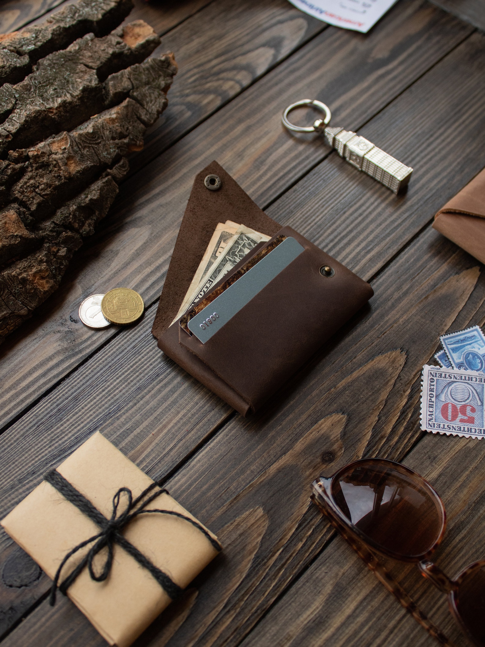 Small Leather Wallet With Initials Brown Minimalist Wallet - Etsy