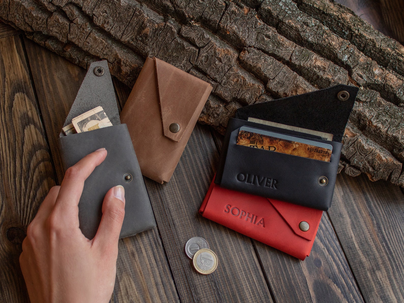 Small Leather Wallet With Initials Brown Minimalist Wallet - Etsy