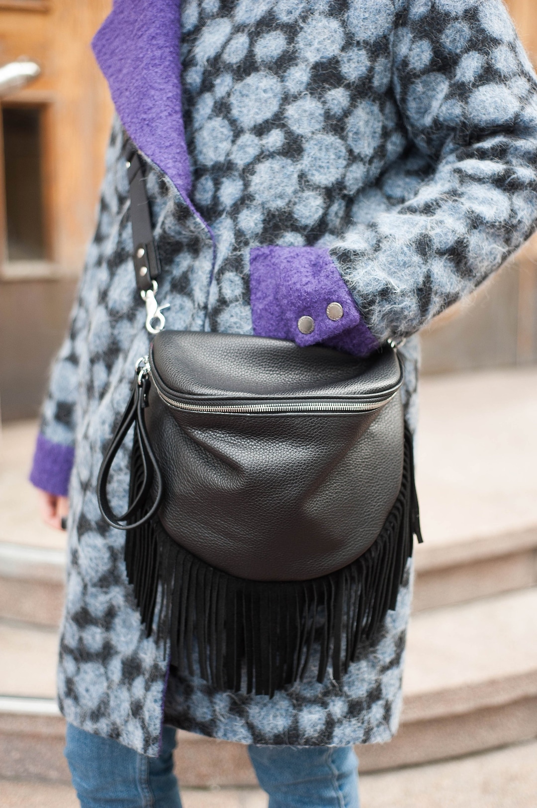 Black Real Leather Fringe Crossbody Bag, Boho Belt Bag for Women - Etsy