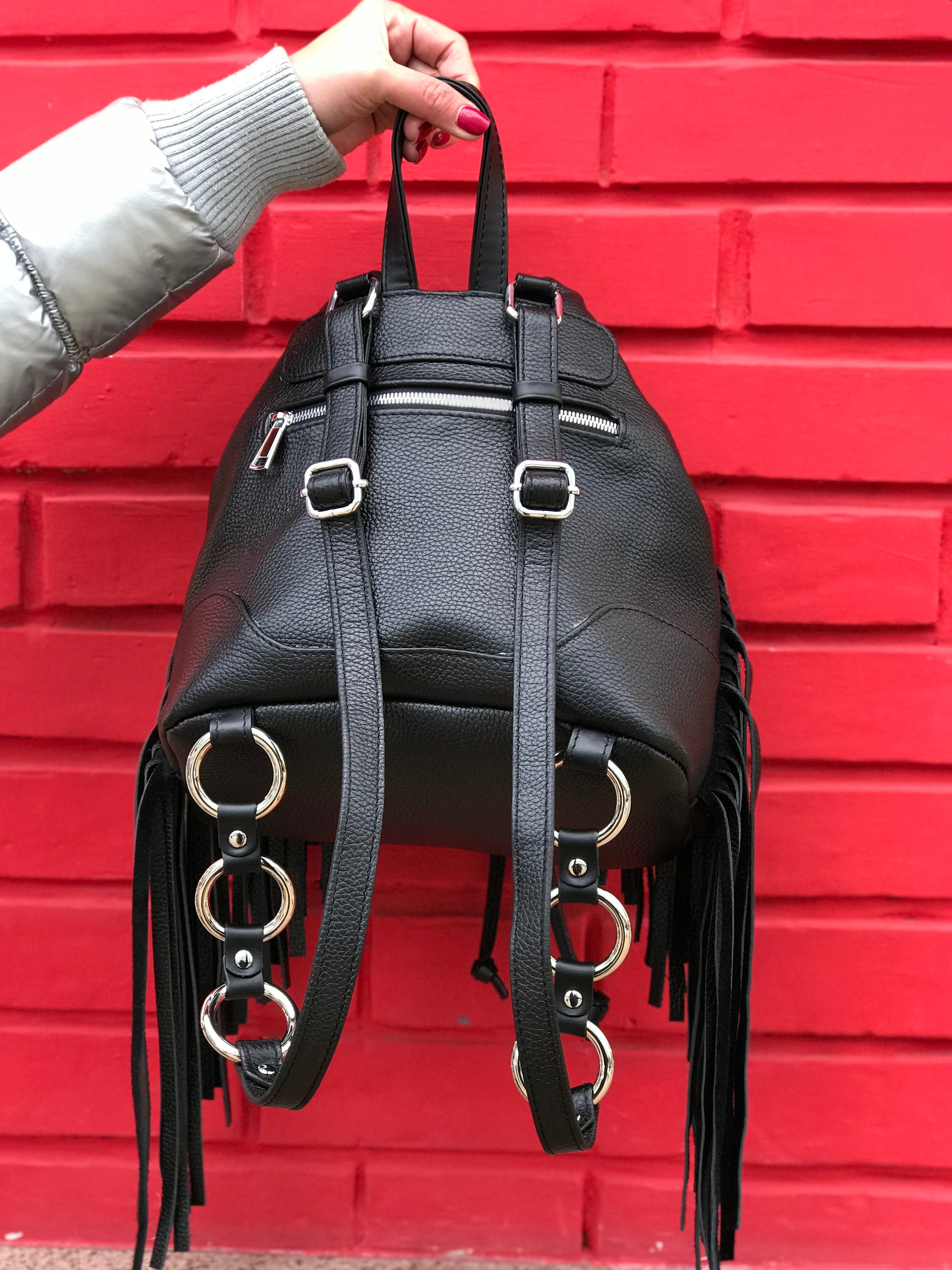 Black leather backpack with fringe tassel women laptop | Etsy