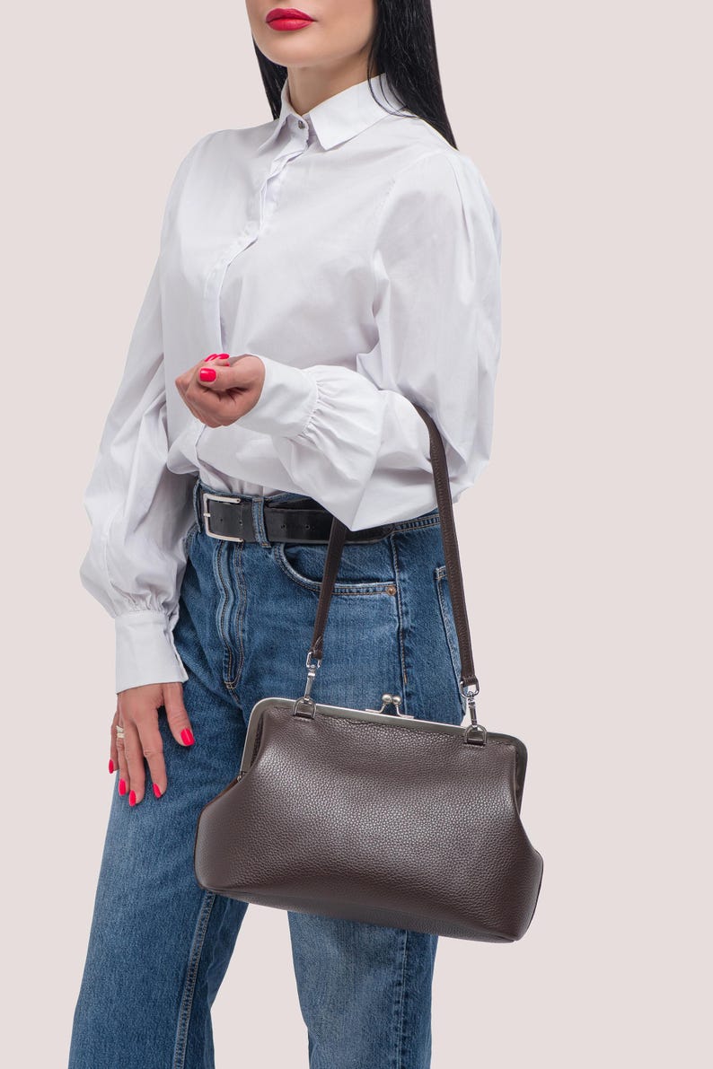 Leather Kisslock Frame Shoulder Bag – Real Leather Everyday Purse ...