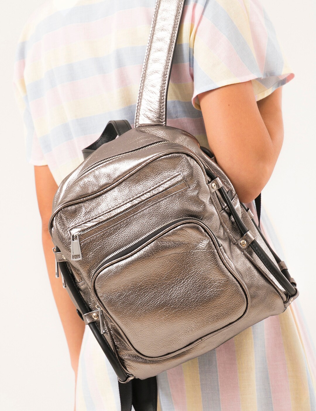 Golden Leather Backpack Tefia Mortise, School Rucksack for Girls, Leather Travel Bag, Silver ...