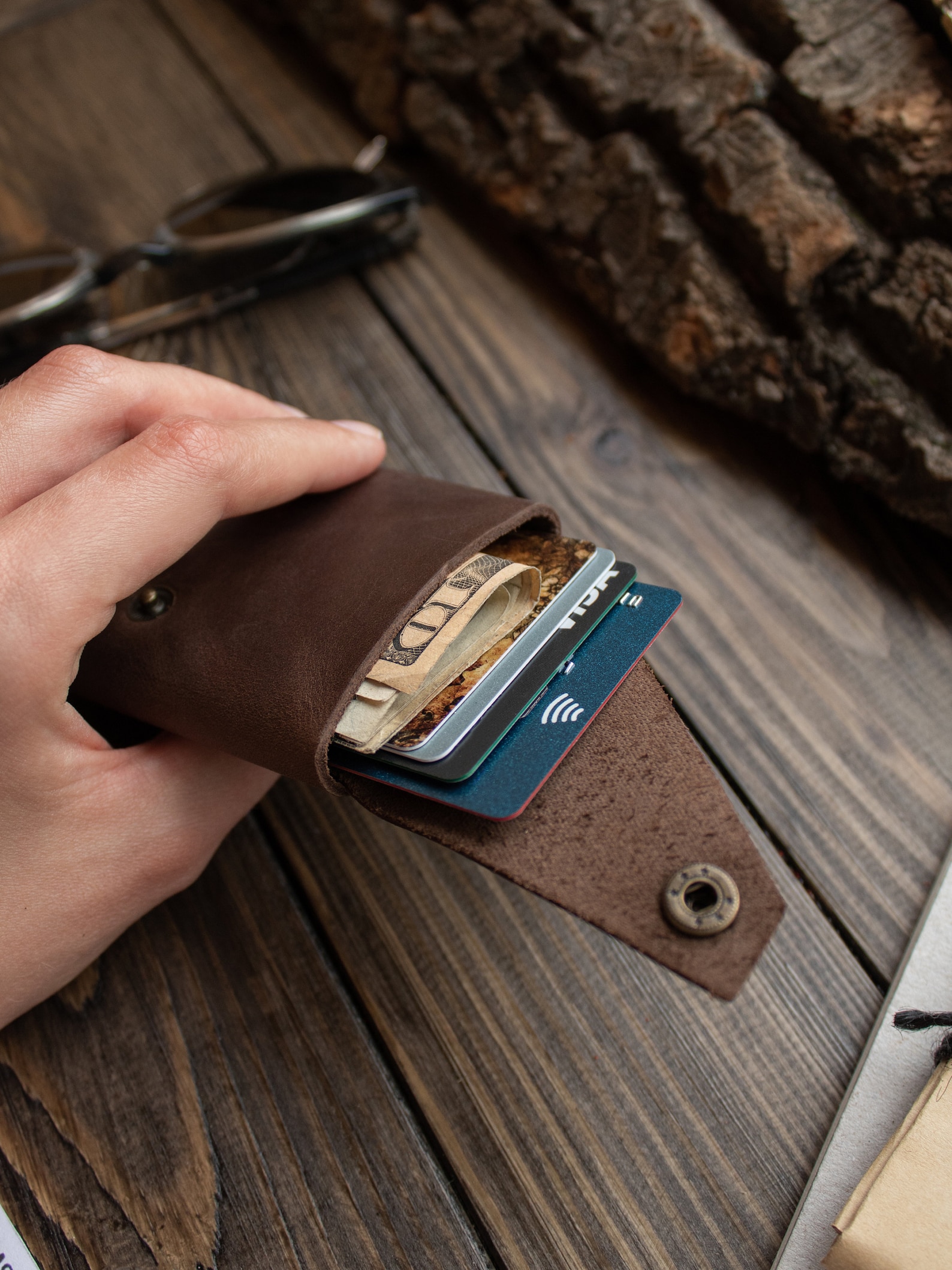 Small Leather Wallet With Initials Brown Minimalist Wallet - Etsy