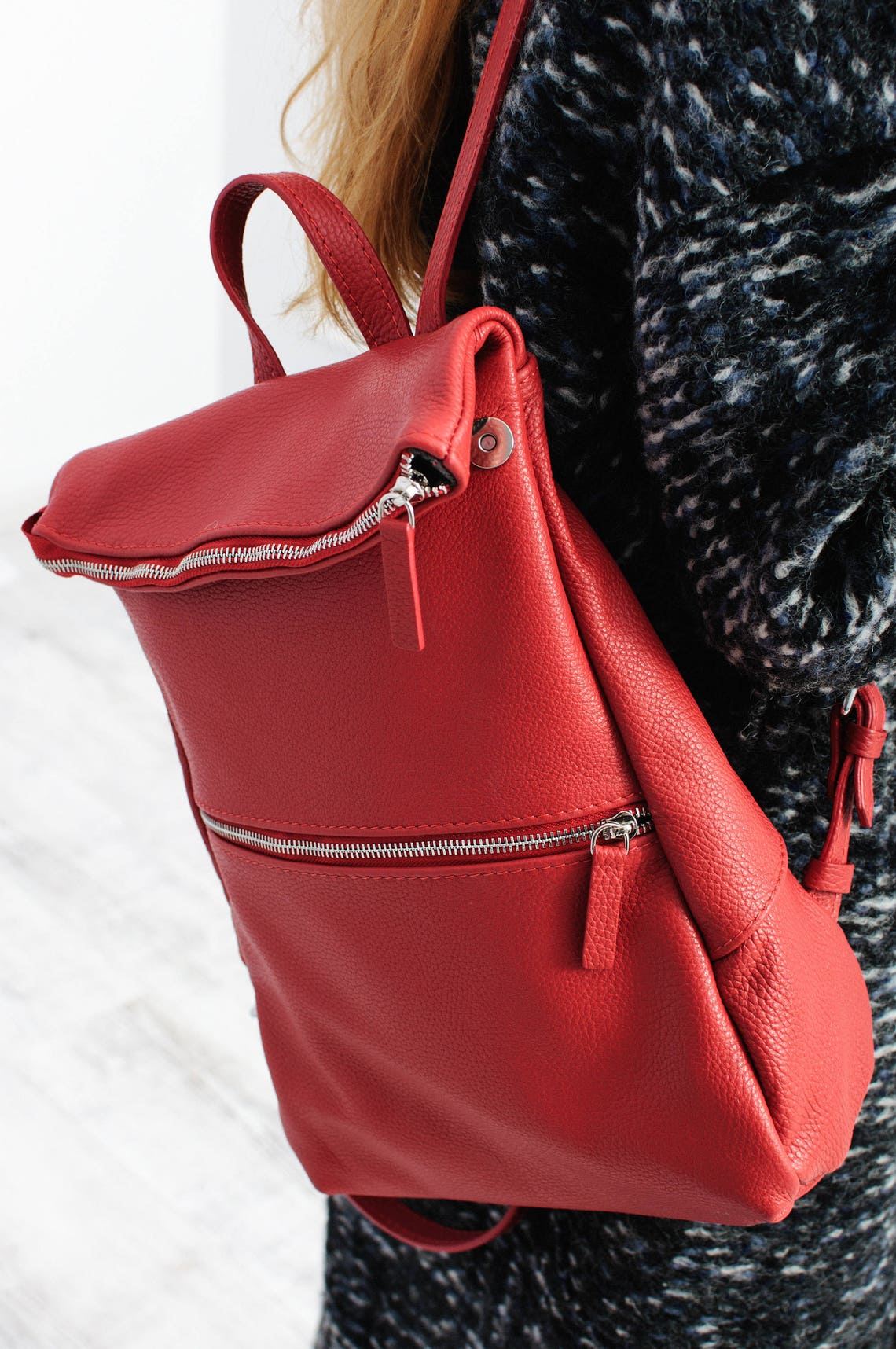 Red Leather Woman Backpack Leather Messenger backpack Laptop | Etsy