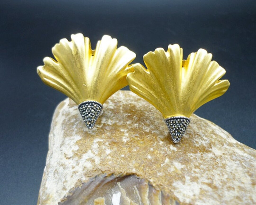 Vintage Judith Jack Sterling Marcasite Gold Flower Clip on Earrings ...