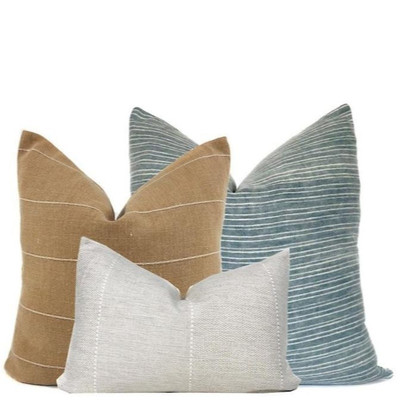 Linen Pillow Cover Set: Rust, Blue, Cream Stripe - Coastal Decor - Etsy