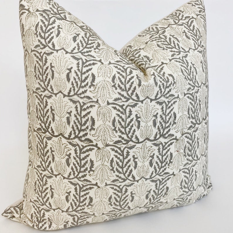 Hand Block Printed Floral Linen Pillow Cover: Neutral Decor - Etsy