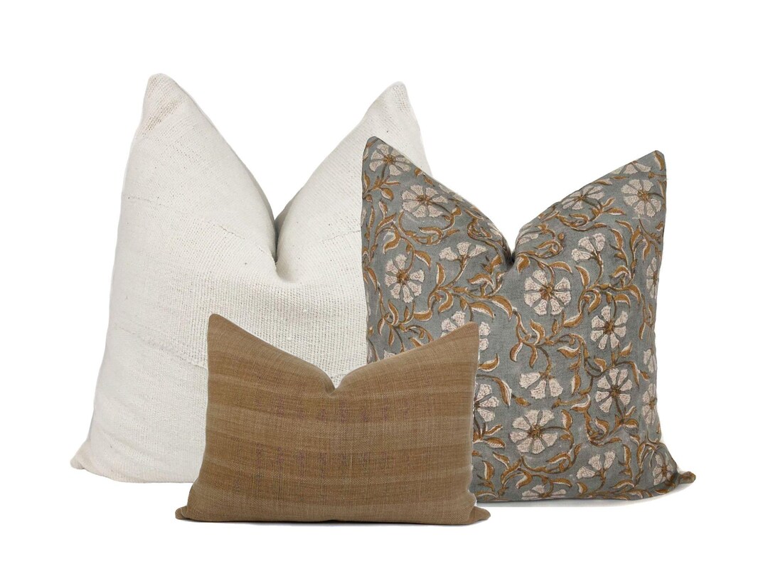 Neutral Earth Tone Pillow Cover Set: Linen, Floral & Stripe - Etsy