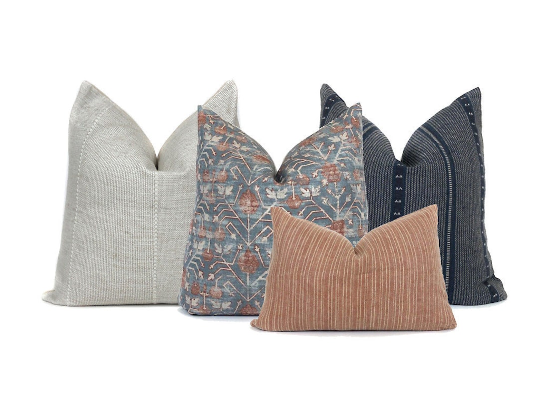 Blue Rust Cream Pillow Cover Set: Linen & Cotton Designer Throw Pillows ...