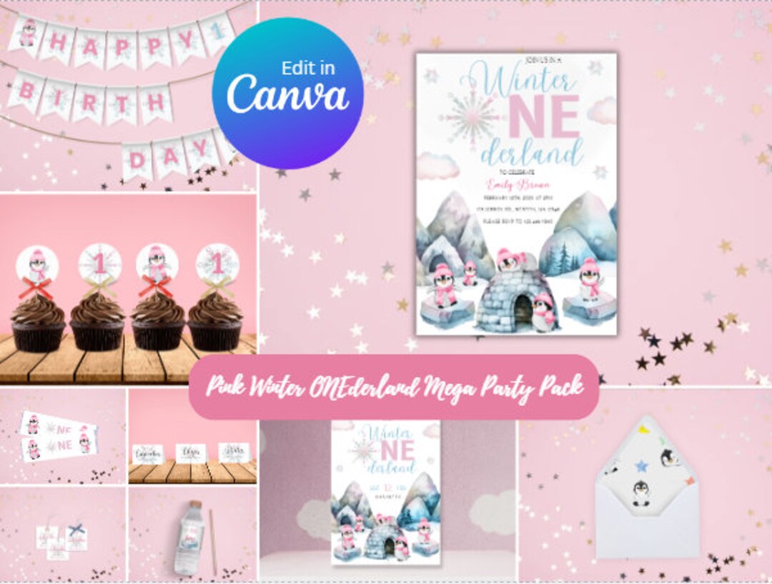 Editable Pink Winter 'ONE' Derland Party Mega Template Bundle for Canva ...