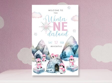 Editable Pink Winter 'ONE' Derland Party Mega Template Bundle for Canva ...