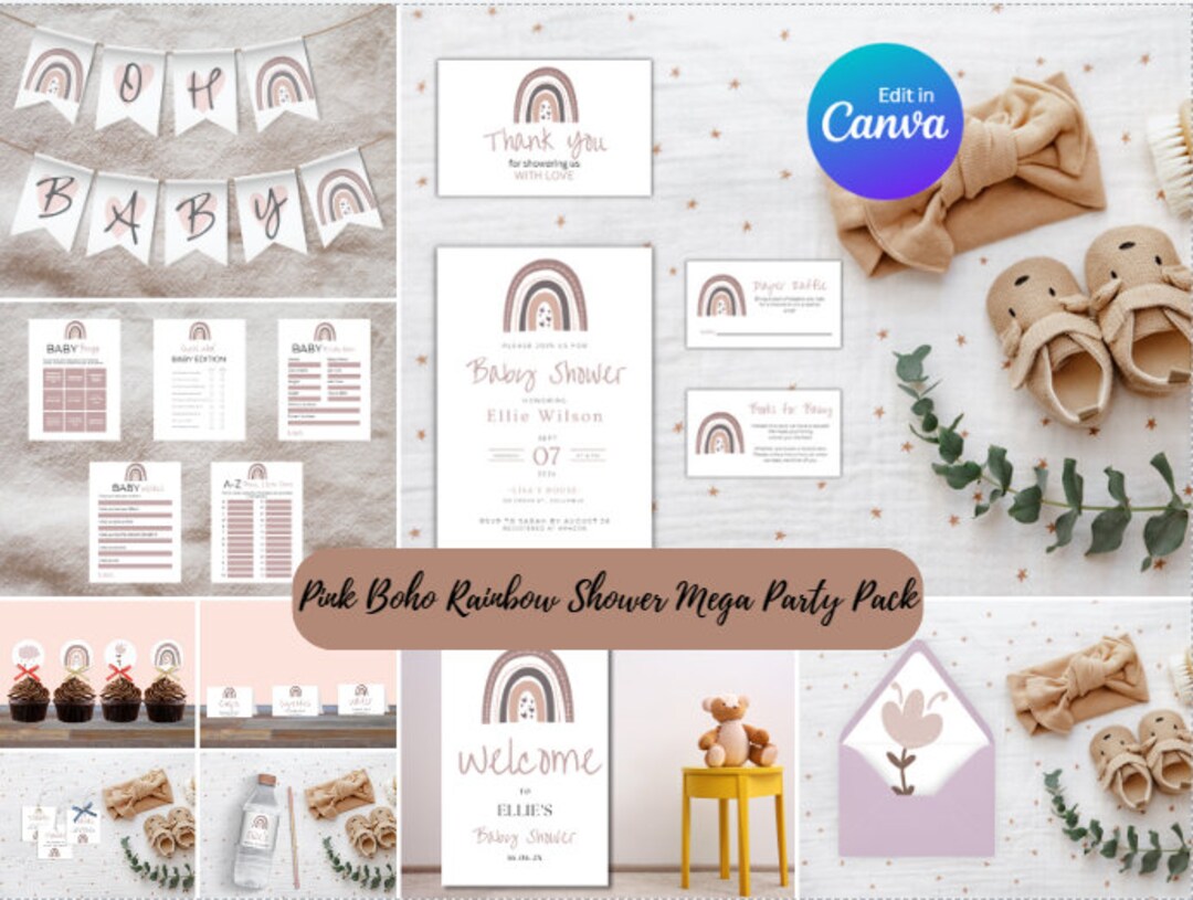 Editable Pink Boho Rainbow Shower Mega Party Pack for Canva - Etsy