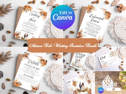 Editable Autumn Boho Wedding Invitation Bundle Template for Canva - Etsy