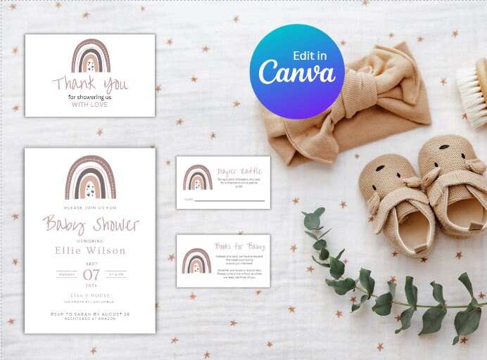 Editable Pink Boho Rainbow Shower Mega Party Pack for Canva - Etsy