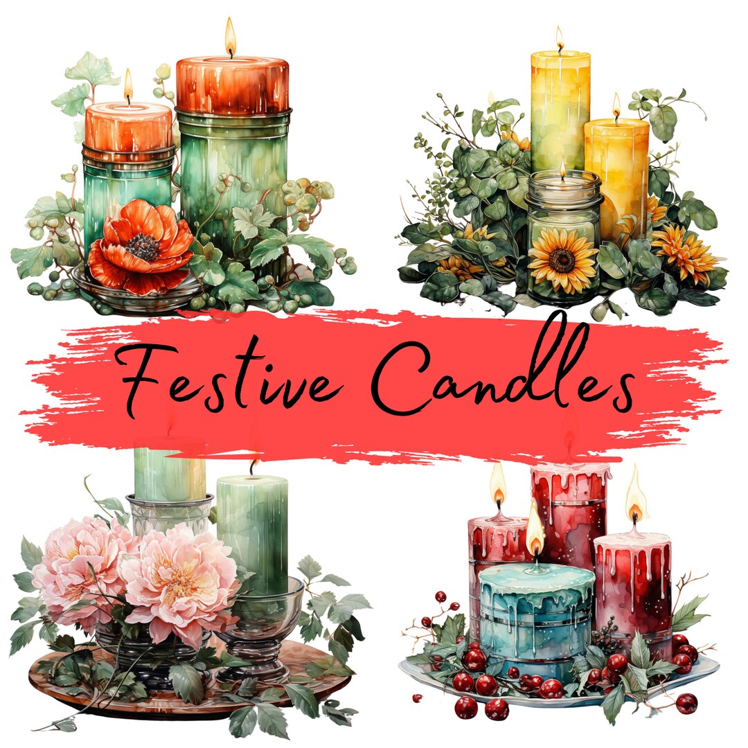 Festive Candles, 32 Watercolor Floral Png Files, Candle Sublimation ...