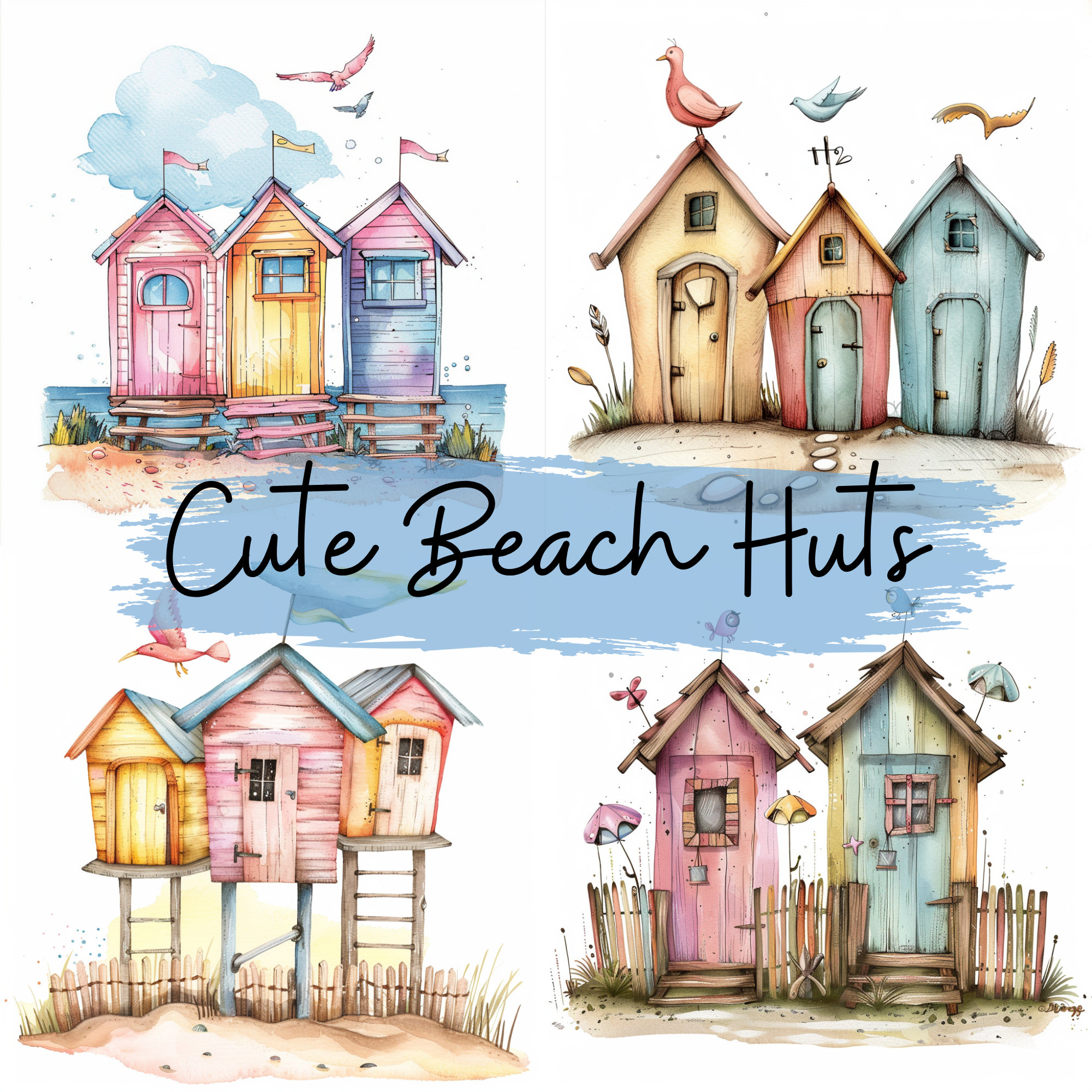 Cute Beach Huts Watercolor Clipart, 28 High Quality PNG Transparent ...