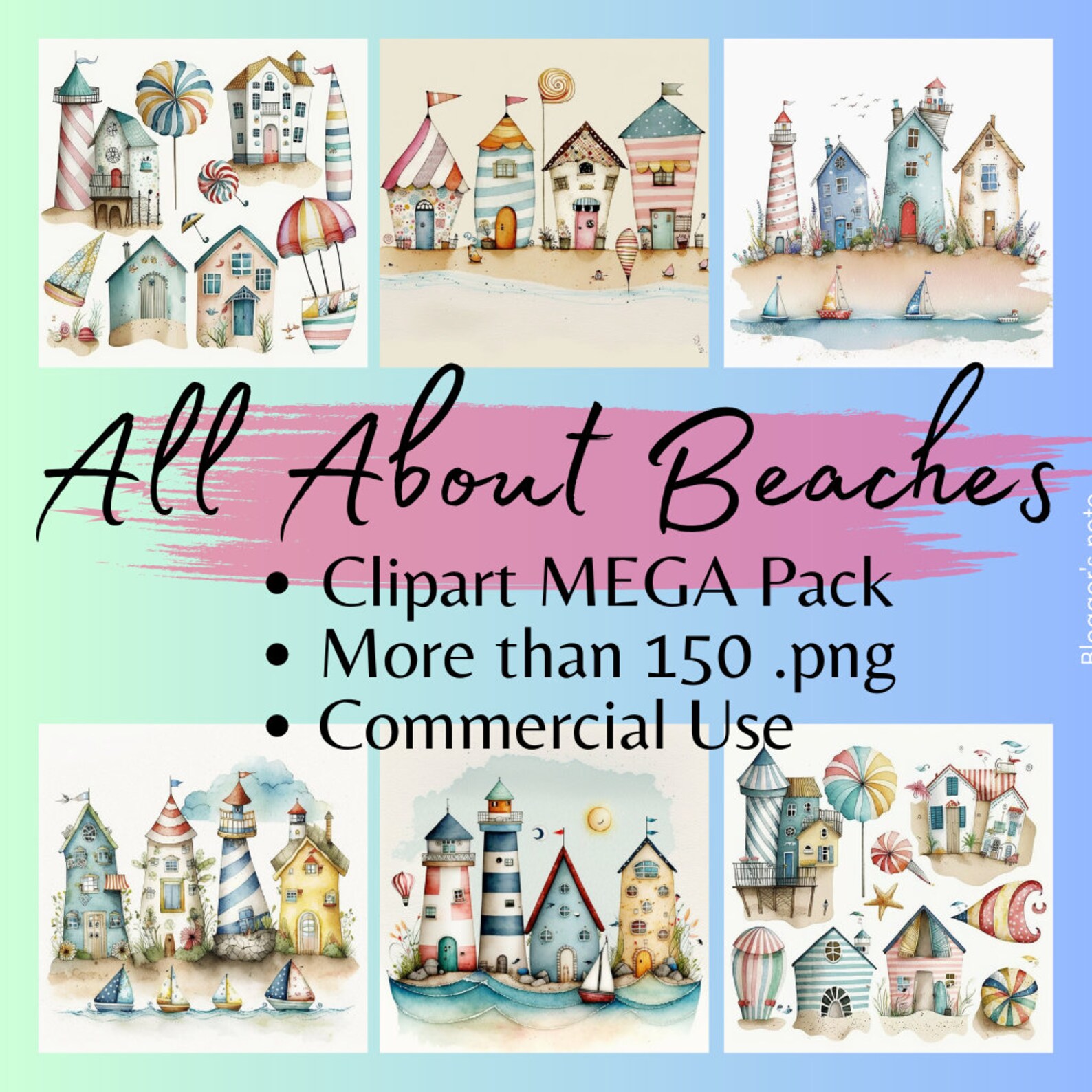 150 Beach Clipart | Mega Pack | Watercolor Beaches | Quality PNG ...