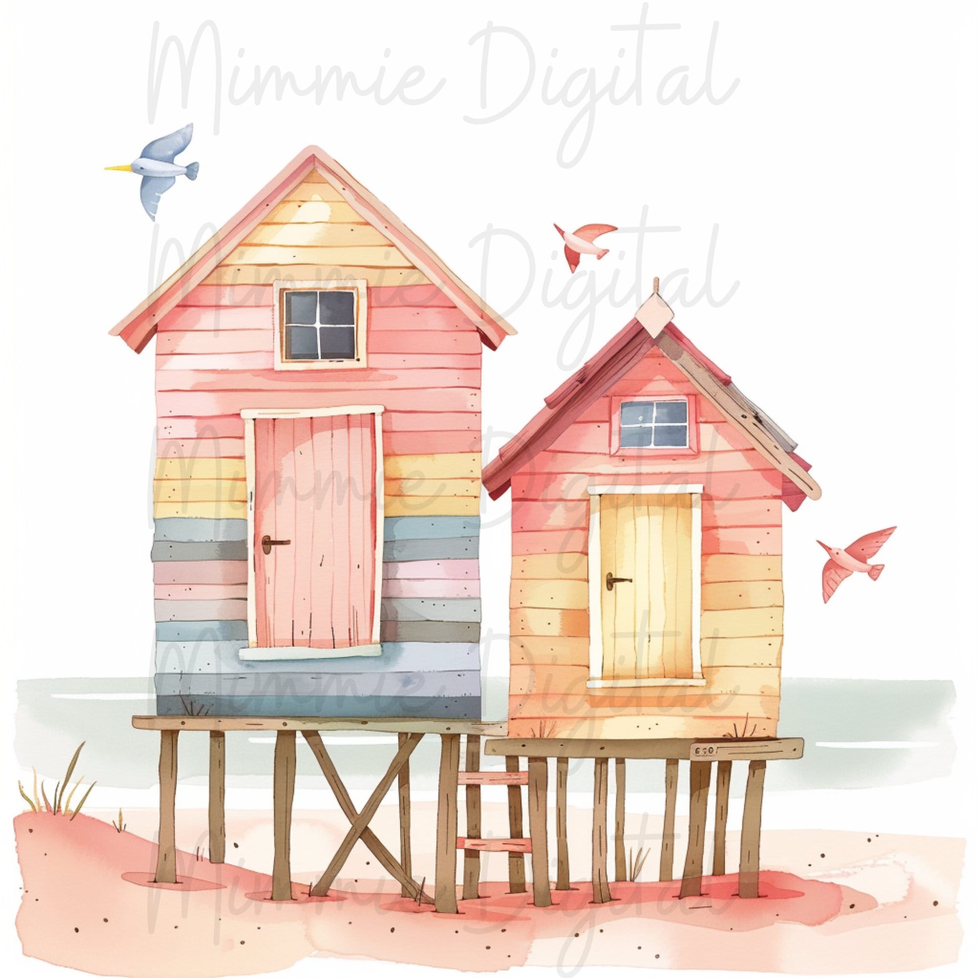 Cute Beach Huts Watercolor Clipart, 28 High Quality PNG Transparent ...