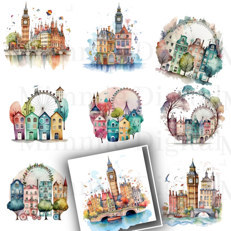 Houses of London, Watercolor, Clipart, 20 High Quality PNG Transparent ...