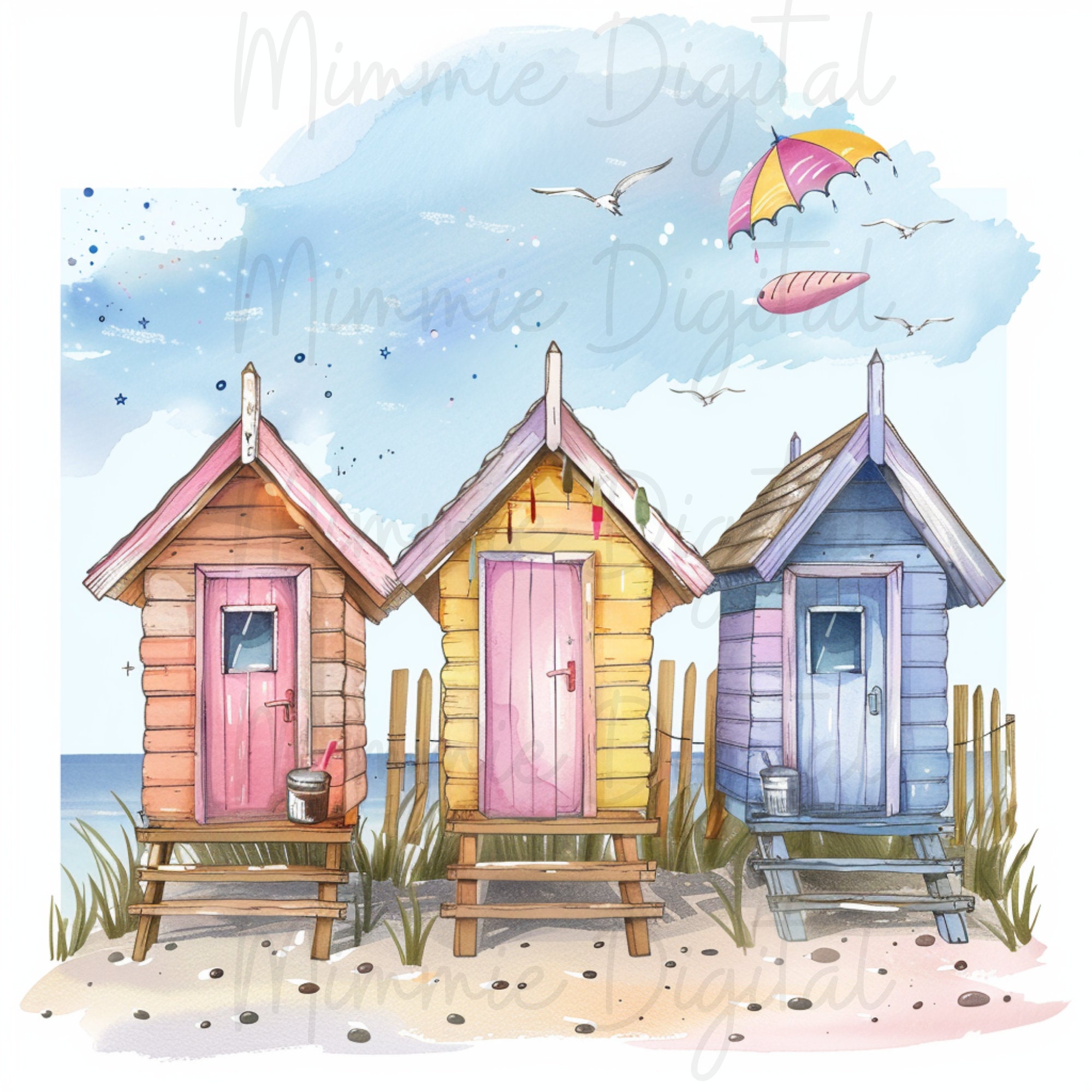 Cute Beach Huts Watercolor Clipart, 28 High Quality PNG Transparent ...