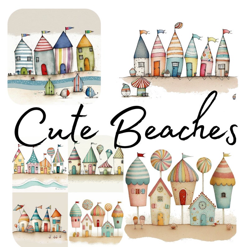 Cute Beach Huts, Watercolor, Clipart, 12 High Quality PNG Transparent ...