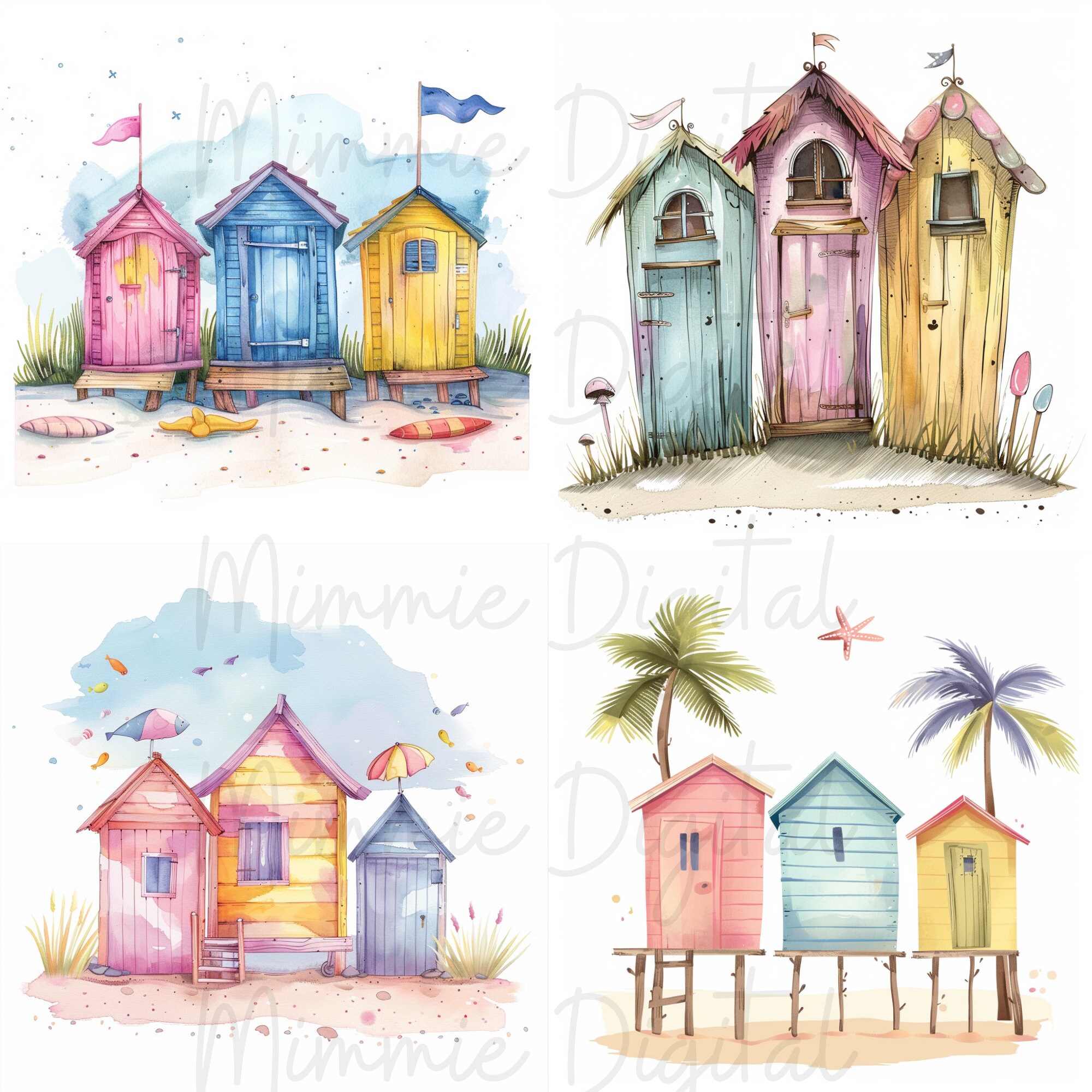 Cute Beach Huts Watercolor Clipart, 28 High Quality PNG Transparent ...