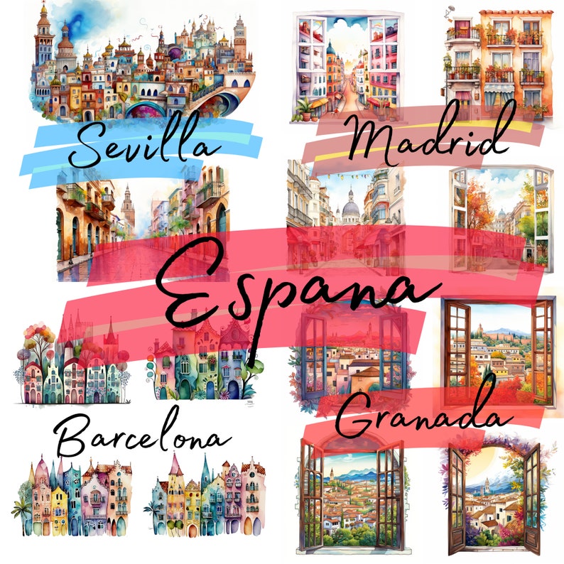 Big Spanish Bundle, Over 120 Watercolor Clipart Files, Barcelona ...