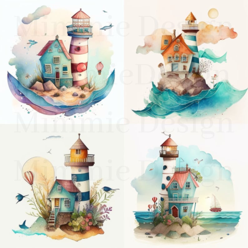 Whimsical Lighthouses, Watercolor, Clipart, 20 High Quality PNG ...