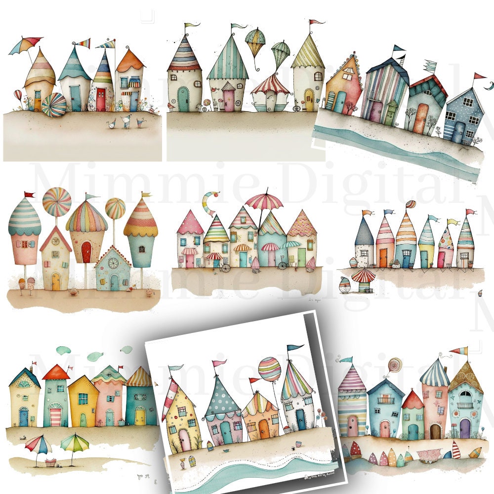 Cute Beach Huts, Watercolor, Clipart, 12 High Quality PNG Transparent ...