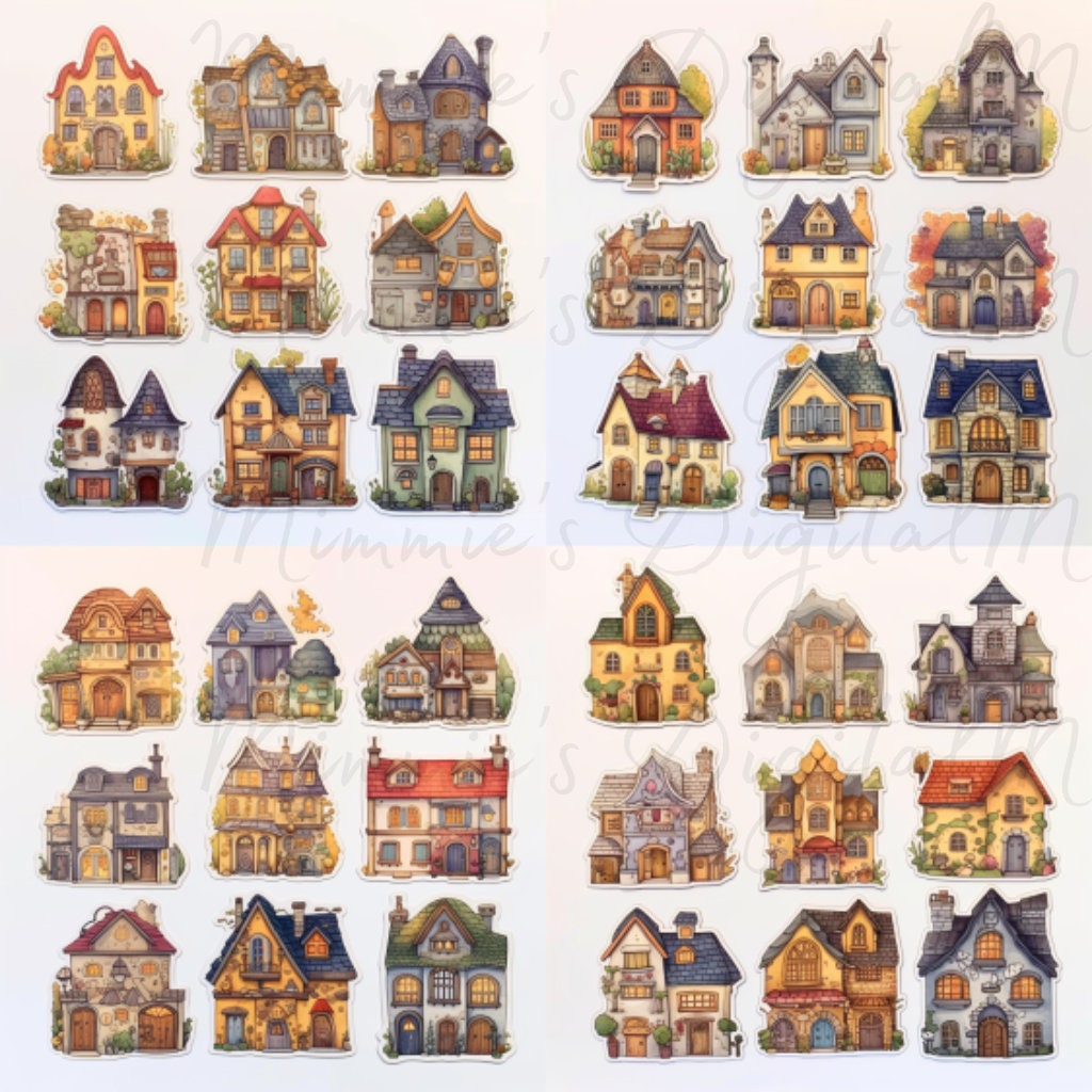 Sticker Houses, Watercolor, Clipart, Over 100 High Quality PNG ...