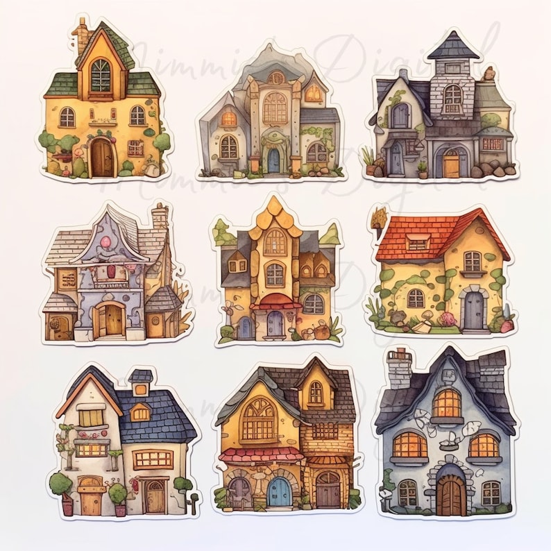 Sticker Houses, Watercolor, Clipart, Over 100 High Quality PNG ...