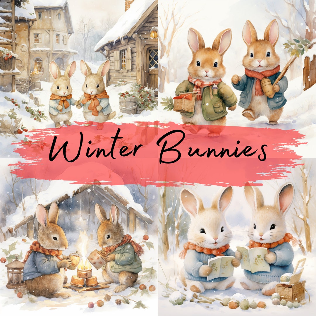 Winter Bunny Watercolor Clipart, 24 High Quality PNG Files, Cute ...