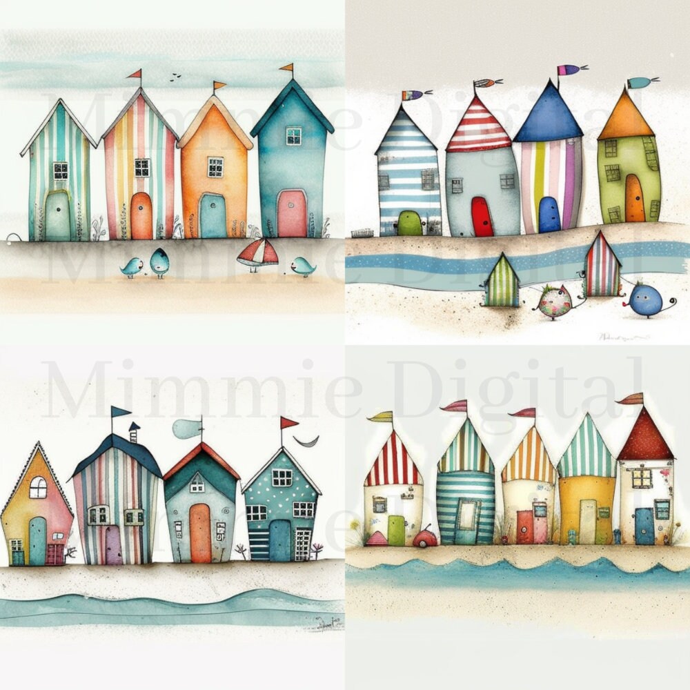 Cute Beach Huts, Watercolor, Clipart, 12 High Quality PNG Transparent ...