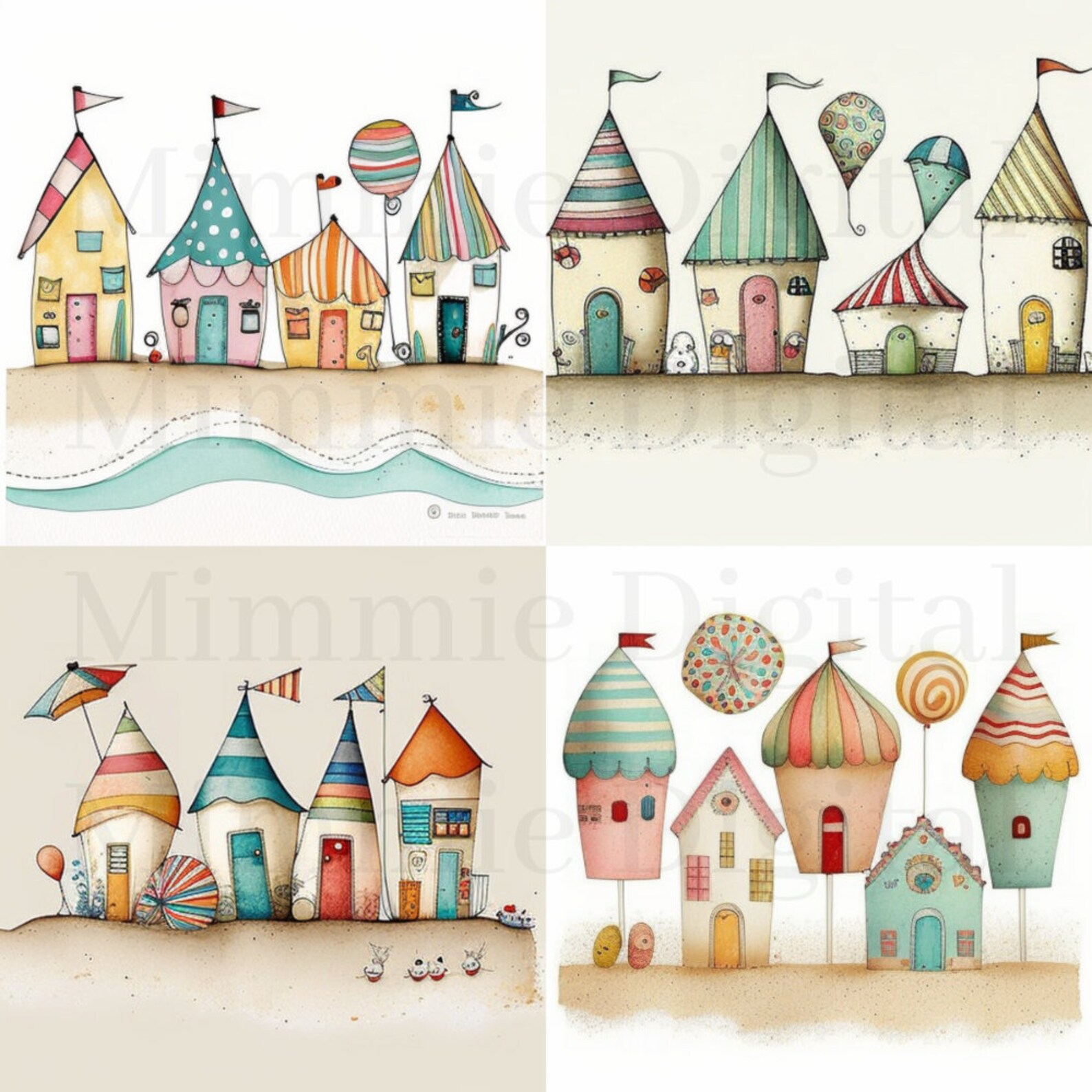 Cute Beach Huts, Watercolor, Clipart, 12 High Quality PNG Transparent ...