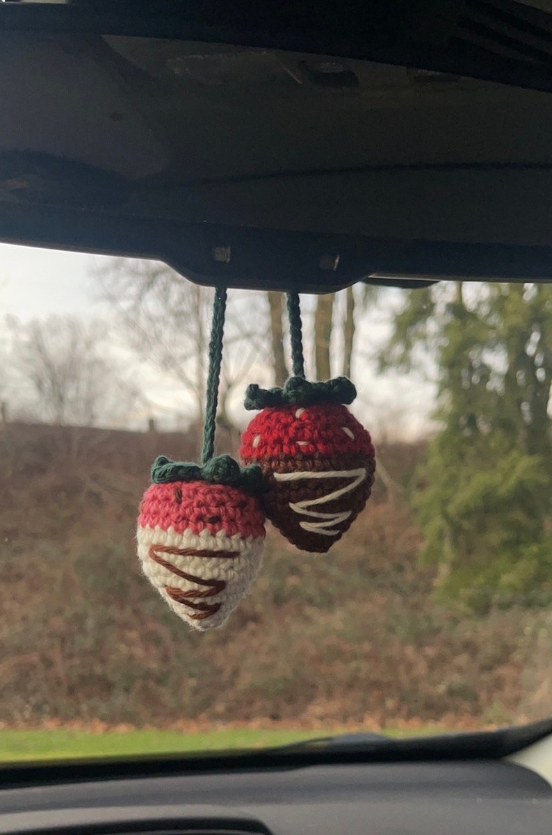 Crochet Chocolate Covered Strawberry Car Charms, Valentine’s Day Decor ...