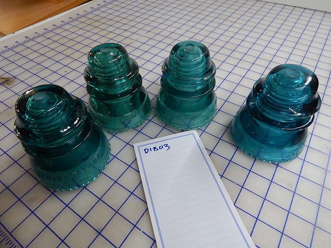 Box of 4 Antique Glass Insulators., Drilled for Craft Projects, Blue ...