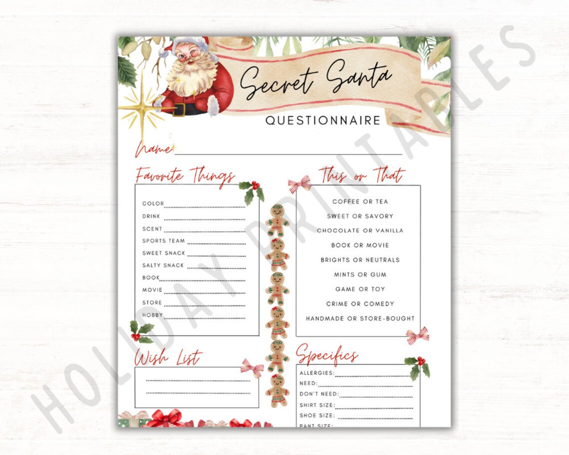 Printable Secret Santa Gift Exchange Questionnaire for Christmas ...